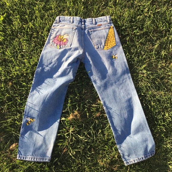 Rustler | Jeans | Hand Painted Blue Denim Jeans Bee Flowers | Poshmark